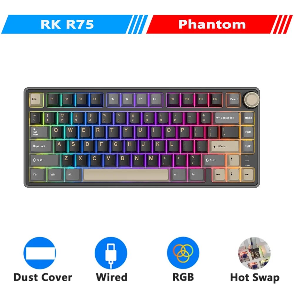 RK Royal Kludge R75 механическая клавиатура 80 клавиш RGB голубая Sliver Switch, English Phantom