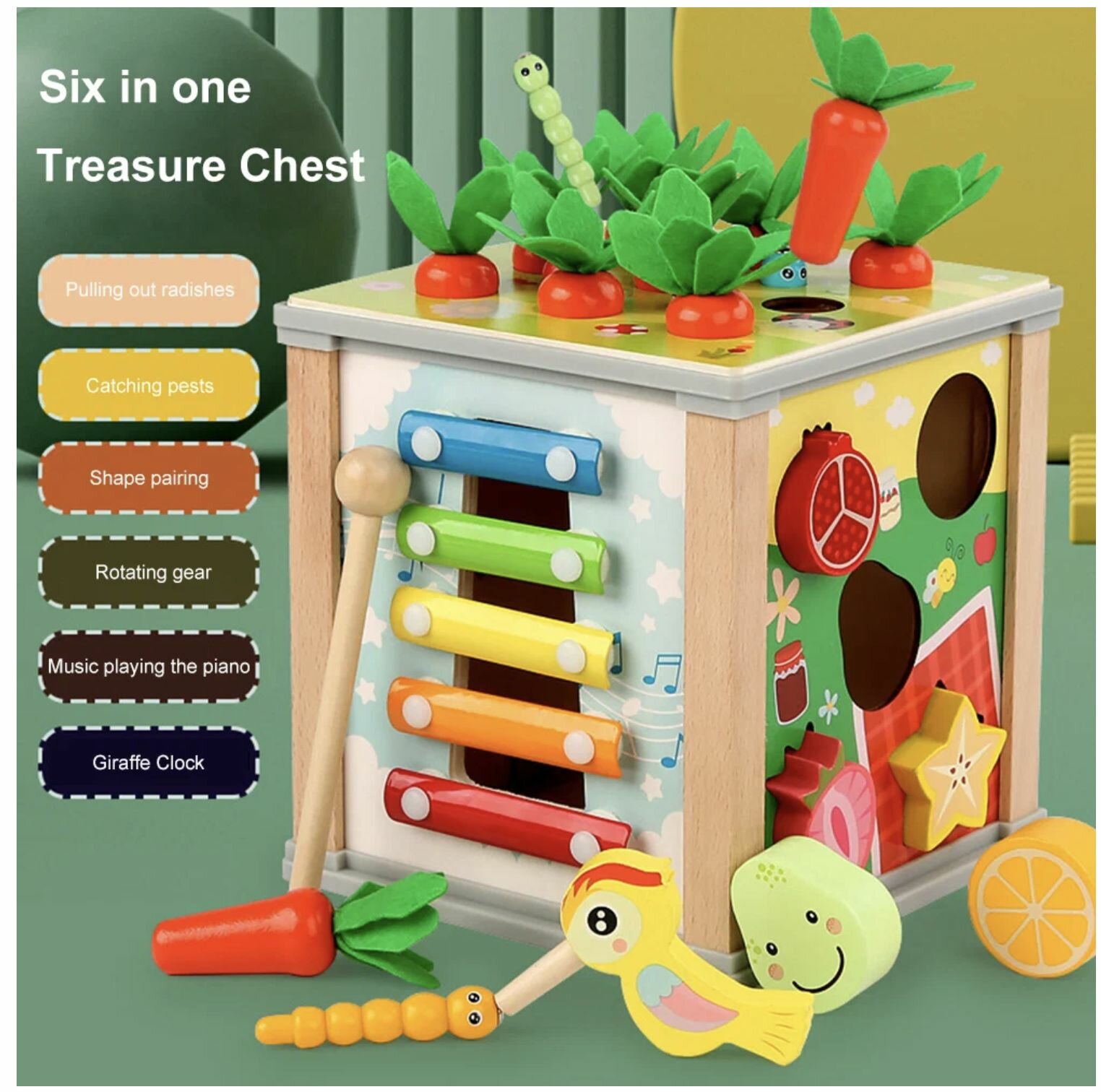 Бизиборд 6 в 1 /Развивающий деревянный БизиКуб Монтессори 6 в 1 "Дятел на грядке"