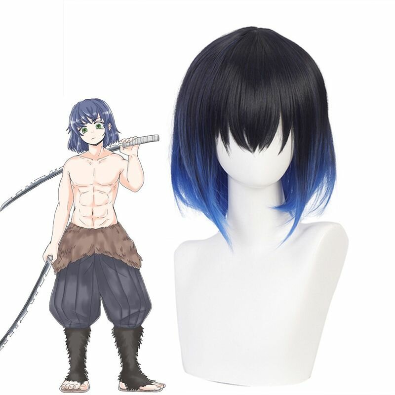 Парик для косплея Аниме Клинок, рассекающий демонов Иноске Хашибира Hashibira Inosuke / Чёрно-синий ysrx