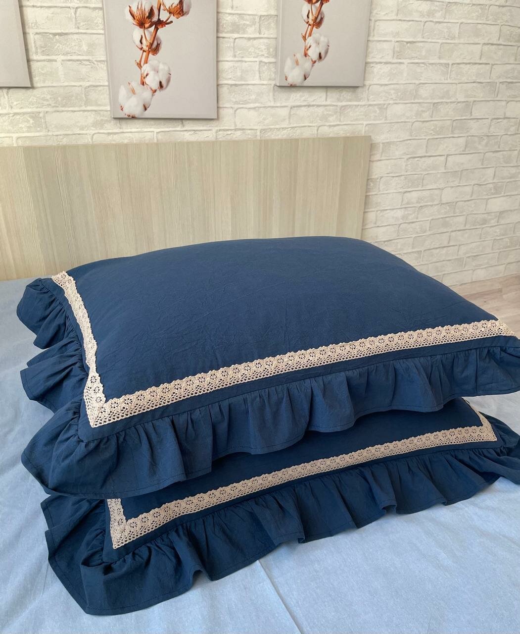 Наволочка "Льняная с оборками", 50х70 см, синяя