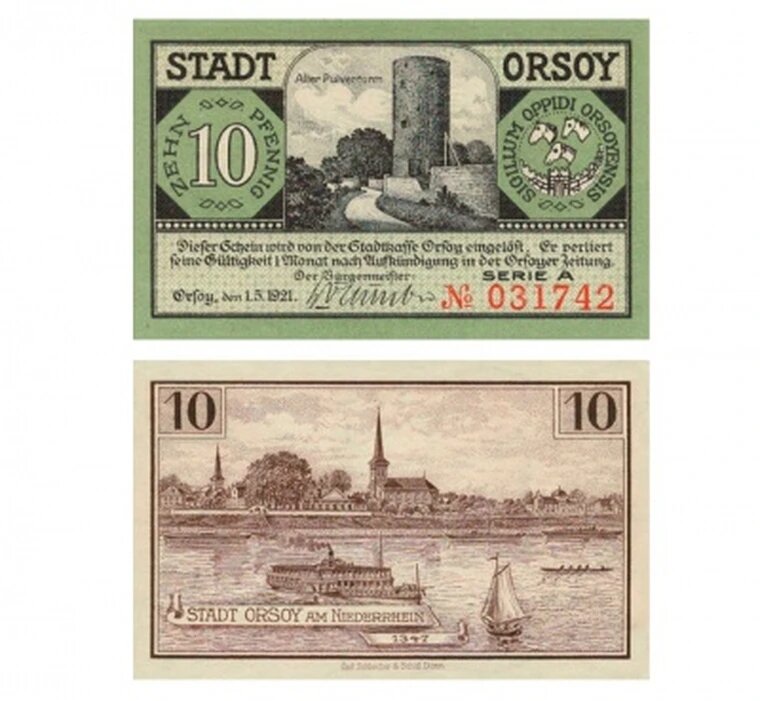Нотгельд 10 пфеннигов 1921 Германия, Орсой, сувенирная копия, банкноты и купюры редкие коллекционные
