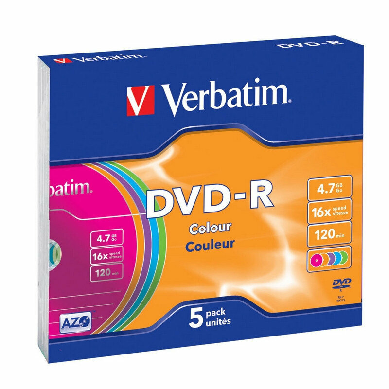 Носители информации DVD-R, 16x, Verbatim Azo Colour, Slim/5, 43557, 86916