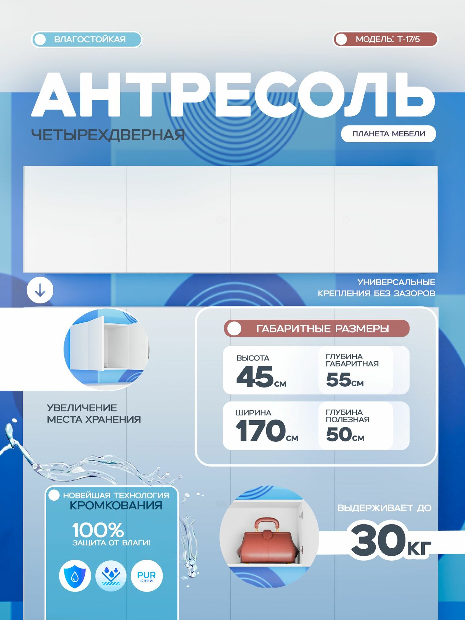Антресоль 4-х створчатая - "Протей" (170х55х45см), для распашного шкафа, верхняя антресоль белого цвета t-17/5