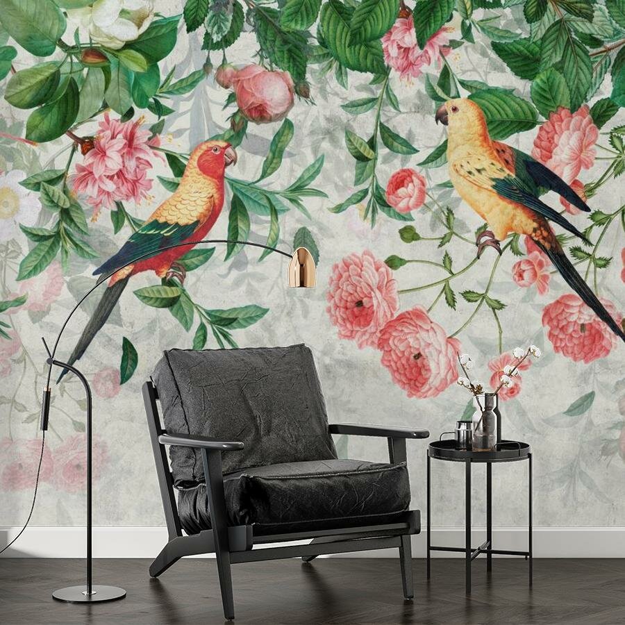 Фотообои Попугаи в розах 12-1837-S-Холст 270 x 200 см (ВхШ) Бесшовные, флизелиновые, влагостойкие обои