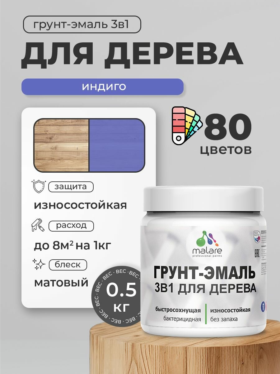 Акриловая Грунт-Эмаль 3 в 1 Malare для деревянных поверхностей/ краска по дереву с антисептическим эффектом/ быстросохнущая моющаяся без запаха матовая, индиго, 0.5 кг