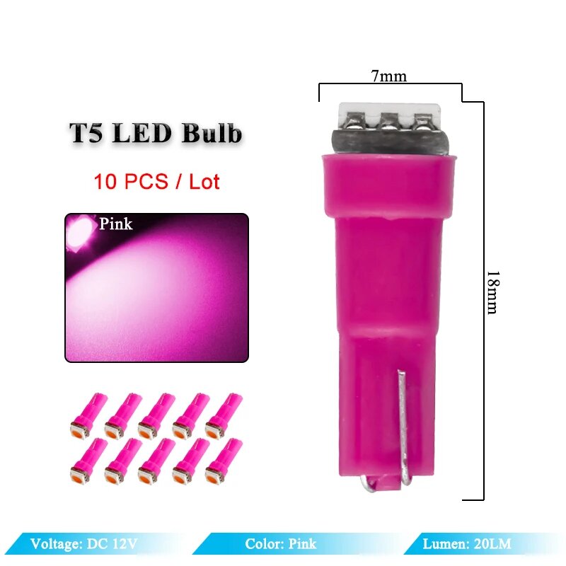 10 шт. T5 светодиодные лампы приборной панели 12 В 5050 1-SMD 7000 К белый автомобильный Pink