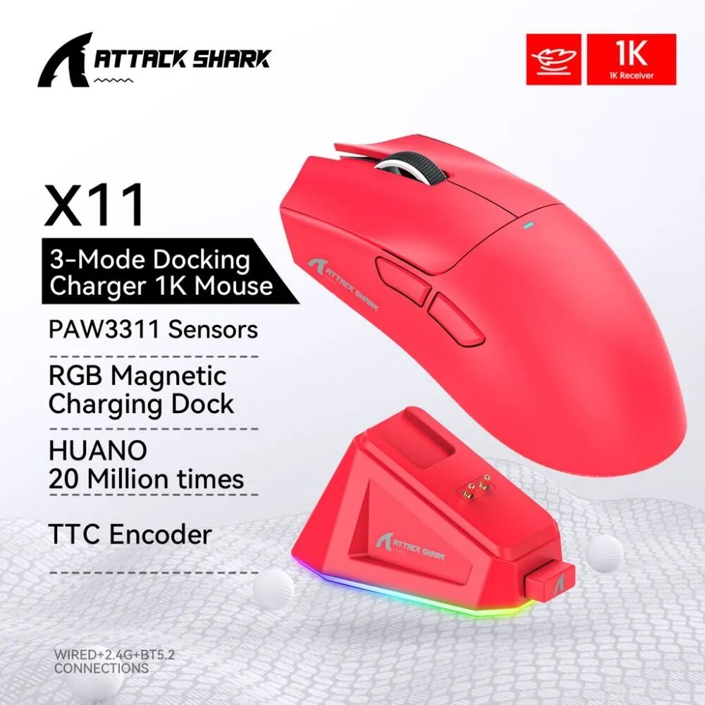 Attack Shark X11 Беспроводная мышь Paw3311 22000DPI Трехрежимная RGB Док-станция для зарядки Игровая мышь
