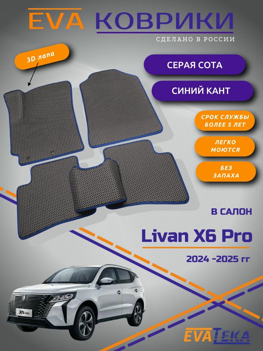 Комплект ковриков ЕВА/ЭВА для Livan X6 Pro (Ливан Х6 Про), 2023 2024 2025 гг, с 3Д лапой, серые соты с синим кантом