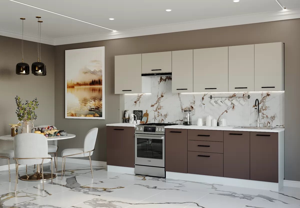 Кухонный гарнитур Латте-3000 столешница 26 мм, каркас ЛДСП, фасад ЛДСП, Белый/Сатин/Мокко