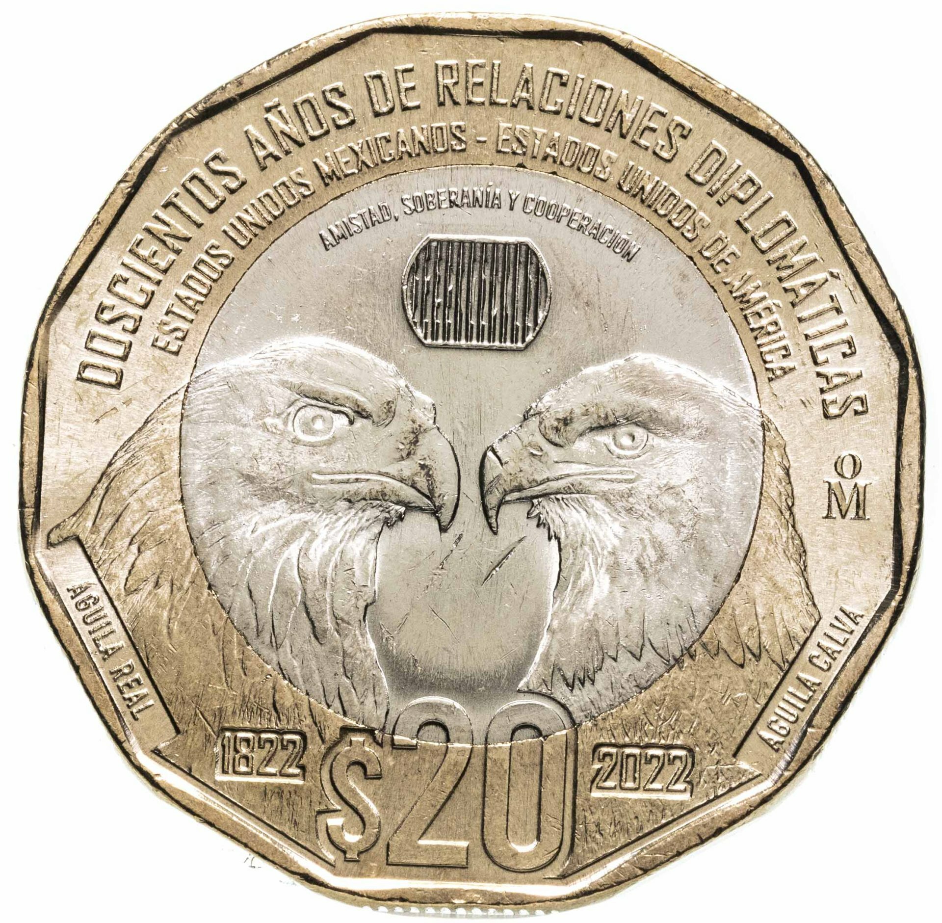 Мексика 20 песо 2022 "200-летие дипломатических отношений Мексики и США ", Биметалл, в сохранности UNC