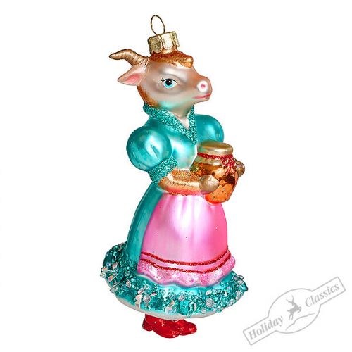 Коза-мама в розовом фартуке (стекло) 6х6х13 см, ёлочная игрушка из стекла Holiday