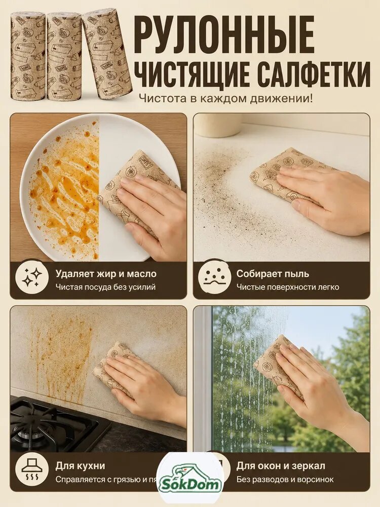 Салфетки для уборки тряпка для в рулоне, коричневый, 20 шт.