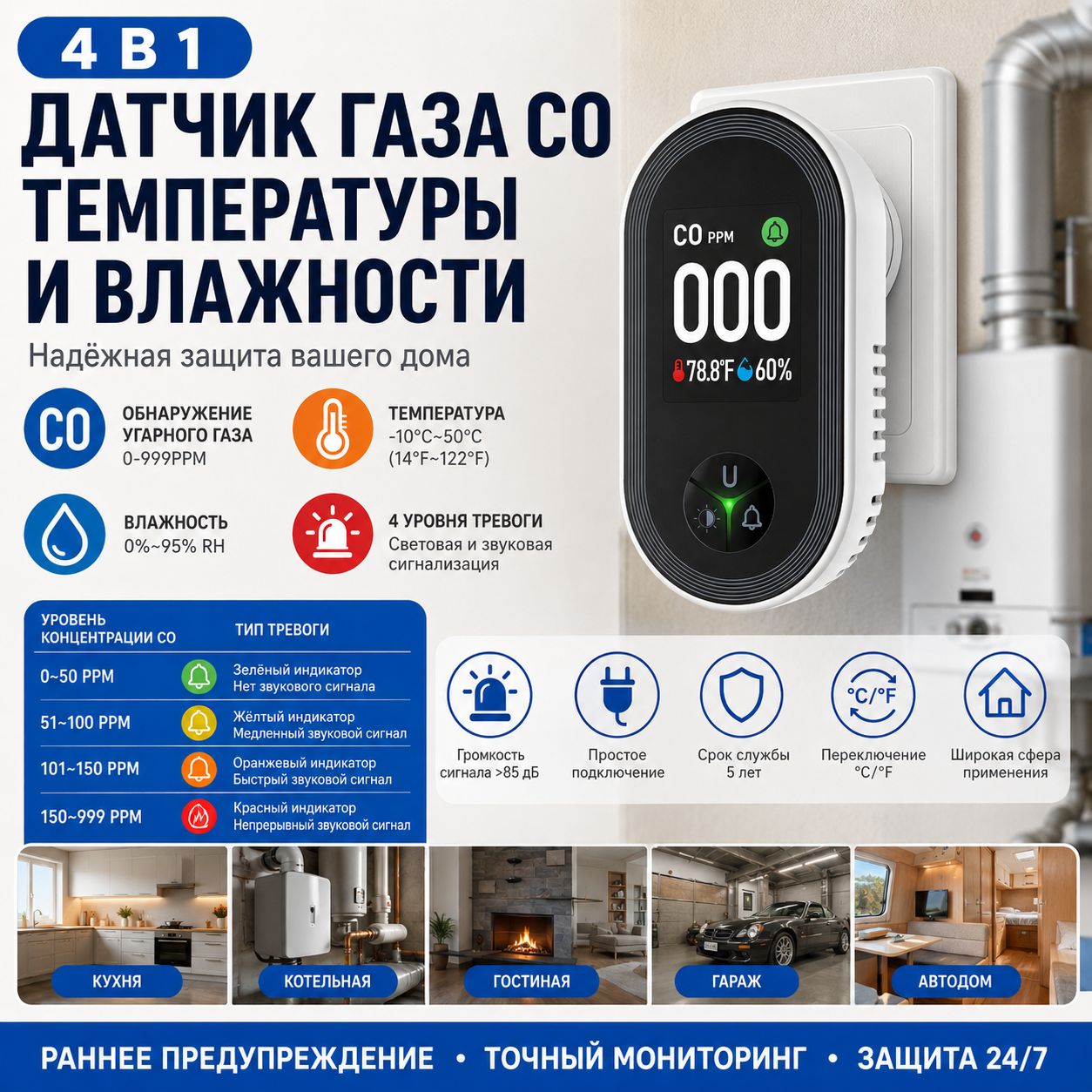 Датчик угарного газа CO с дисплеем температуры и влажности, сигнализация 85 дБ, детектор CO 4-в-1, подключение в розетку 220В