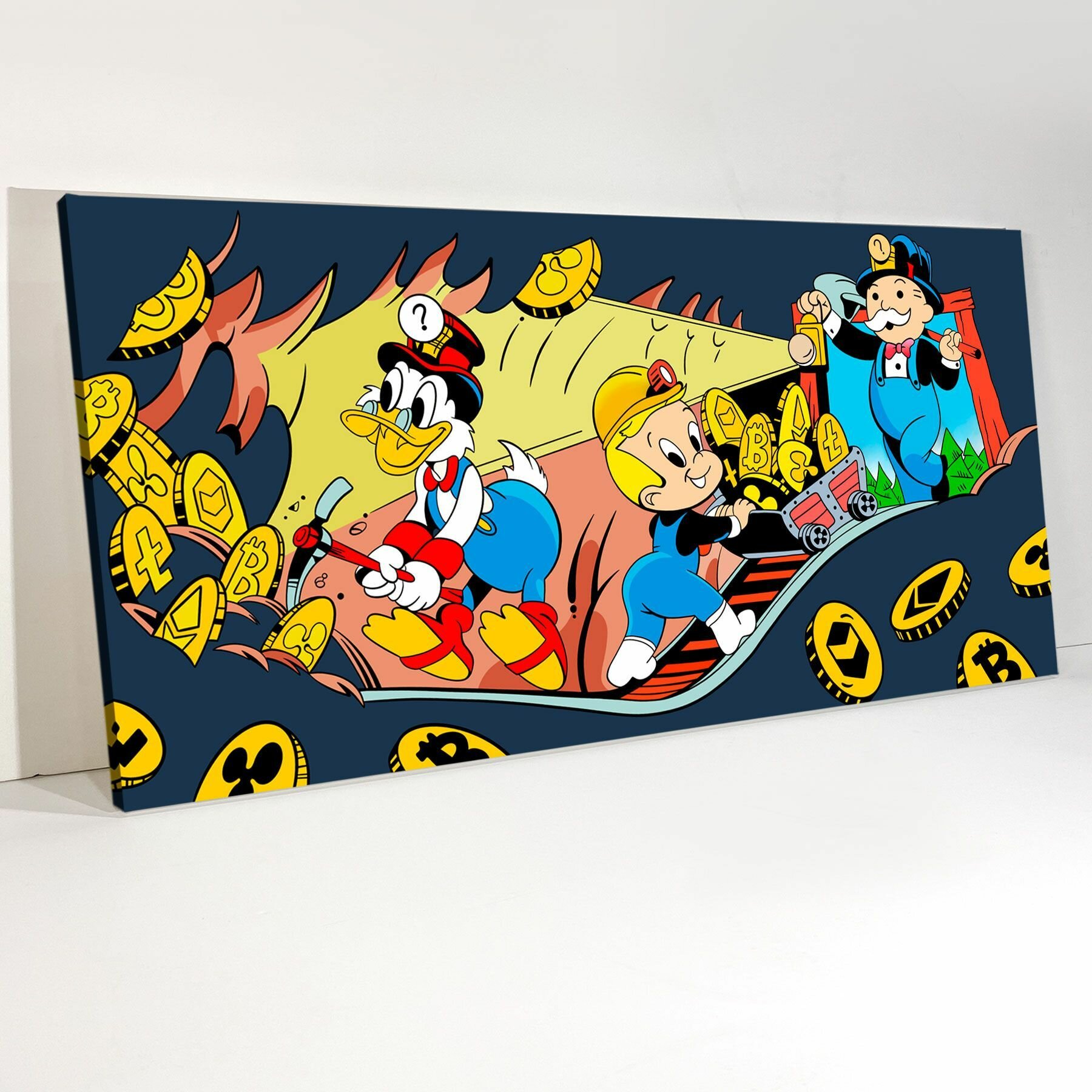 Картина Скрудж Мак Дак, Богатый Ричи и Алек Монополи копают биткоин на холсте 60х30см