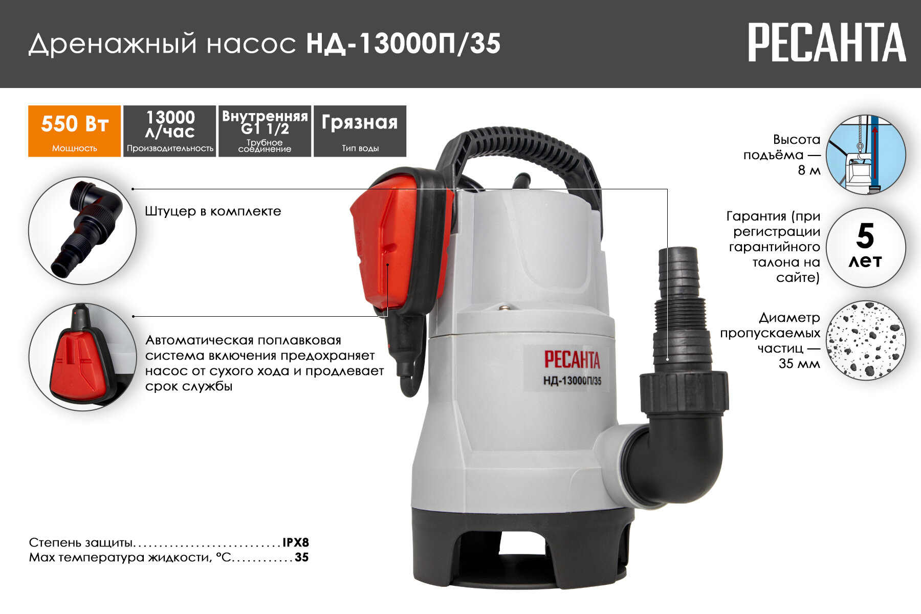 Дренажный насос НД-13000П/35 Ресанта