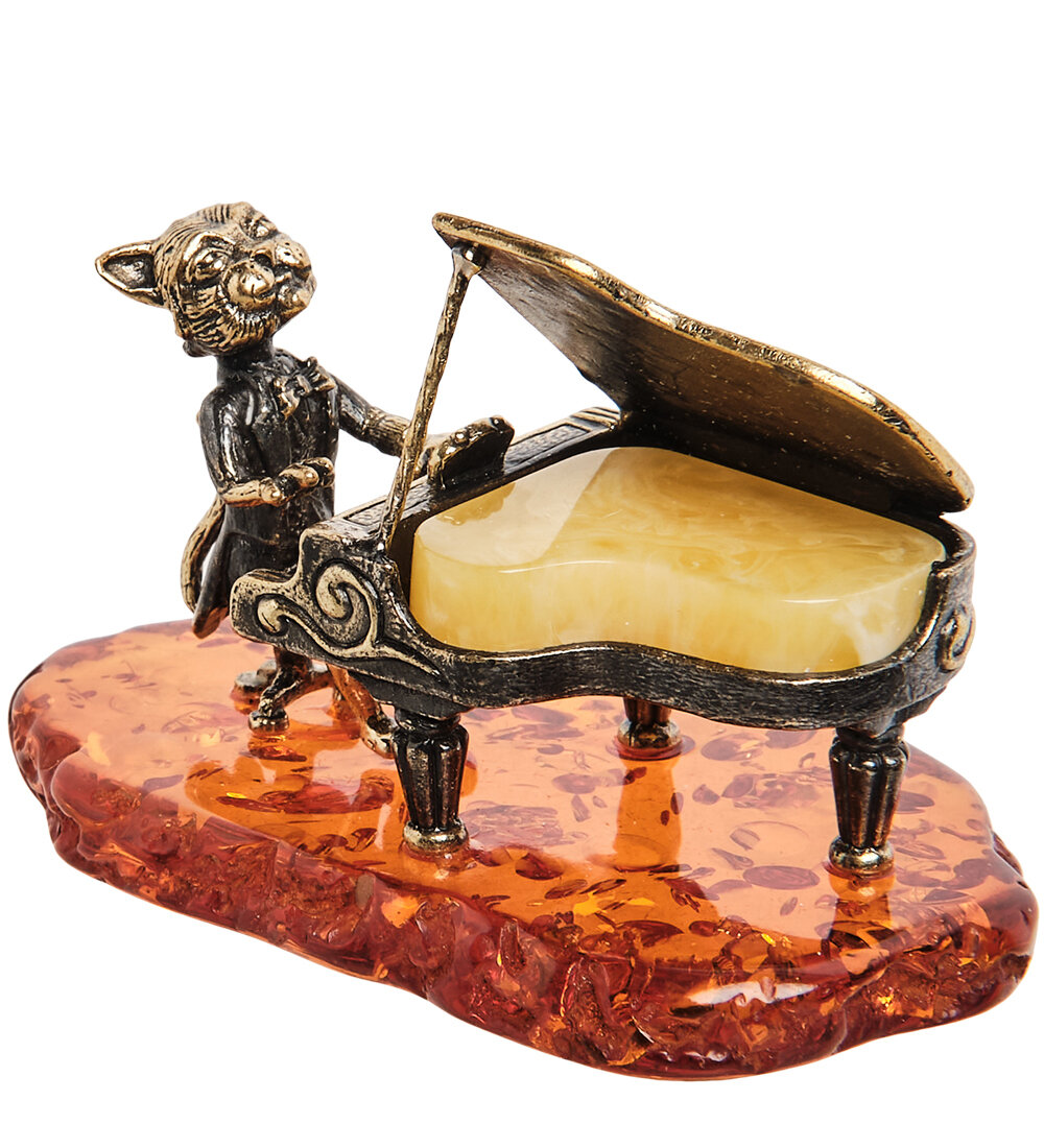 Фигурка 'Кот за роялем' (латунь, янтарь)