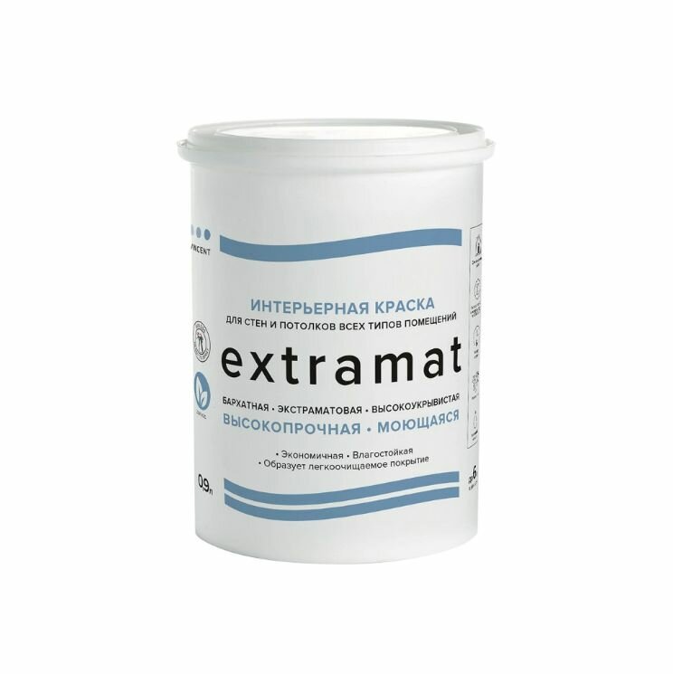 Краска моющаяся акриловая бархатная VINCENT Extramat белая 0,9 л