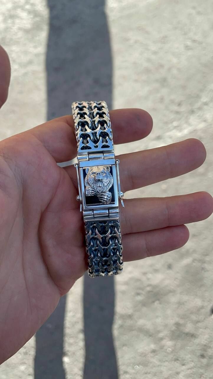 Браслет, серебро, 925 проба, обсидиан