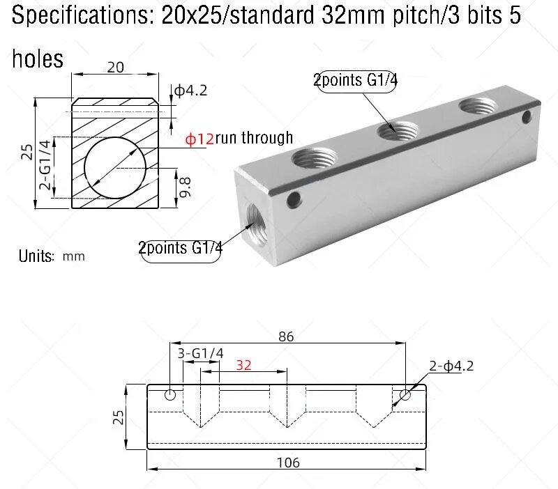 Распределитель выхлопных газов G1/4 на G1/4 3 Way (35mm)
