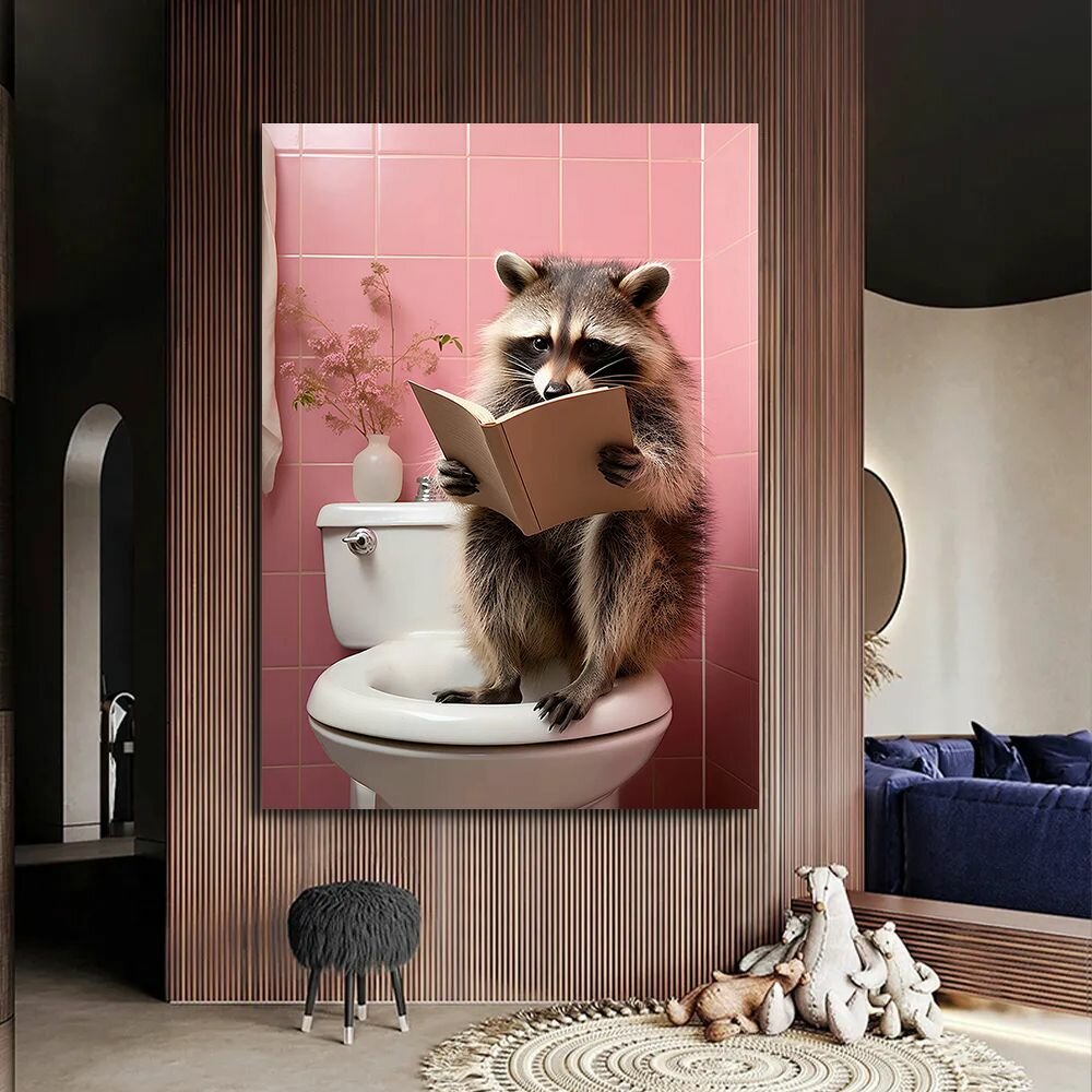 Картина в туалет, ванную комнату Енот читает газету, 50х70 см.