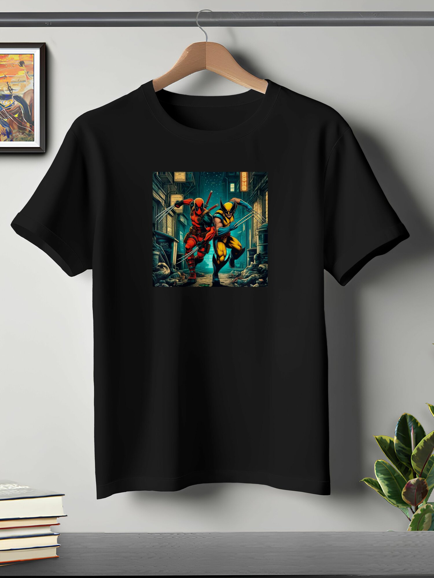 Футболка ONEQ унисекс 48-50 (L) размер с принтом Дэдпул и Россомаха, черная