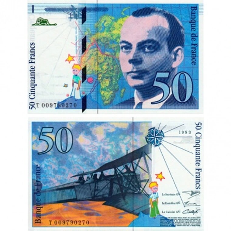 50 франков 1993 Франция Антуан де Сент-Экзюпери, сувенирная копия, банкноты и купюры редкие коллекционные