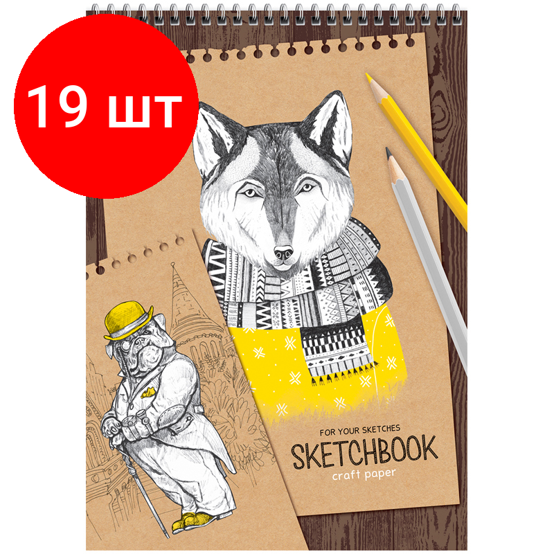 Комплект 19 шт, Скетчбук 40л, А4 ArtSpace "Craft style", на гребне, крафт, 80г/м2