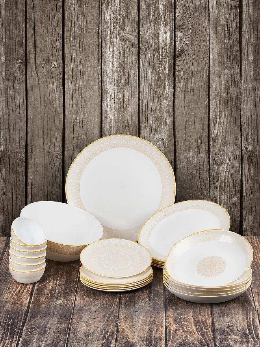 Сервиз Best Opal Adeno Cream, 26 предметов, стеклокерамика, белый/золотистый/кремовый