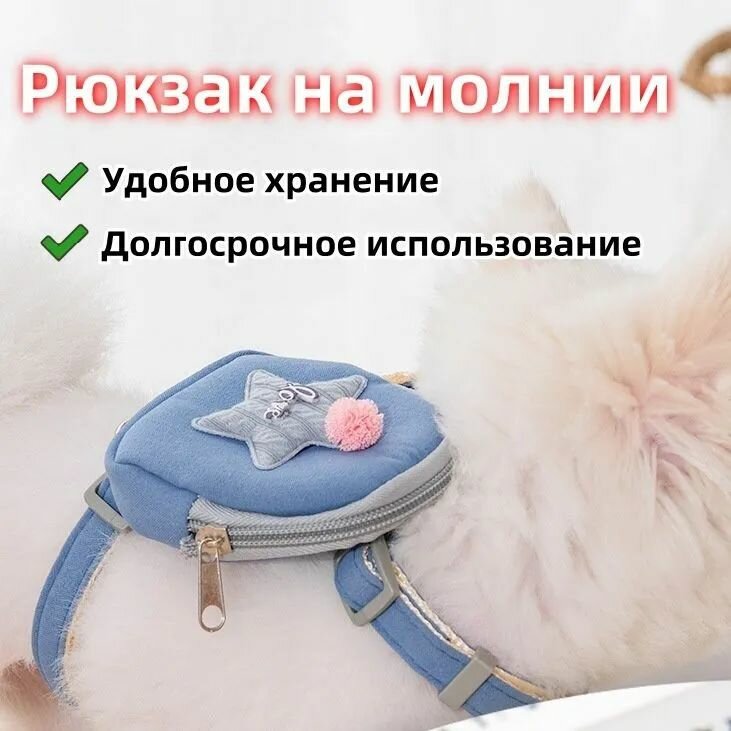 Шлейка для собак и кошек , с поводком 120 см, с рюкзаком (M)