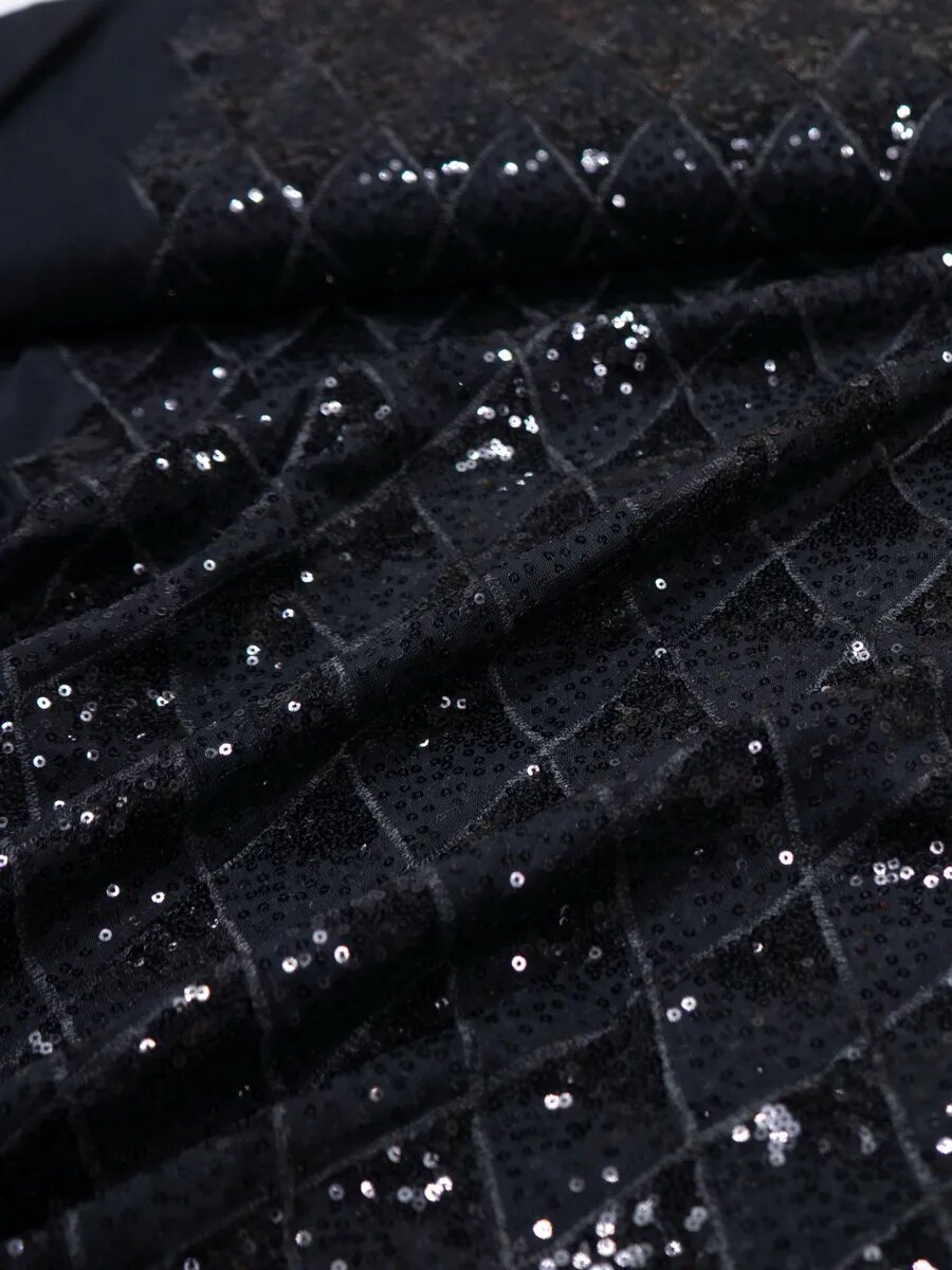Ткань Сетка с пайетками в ромбы черная