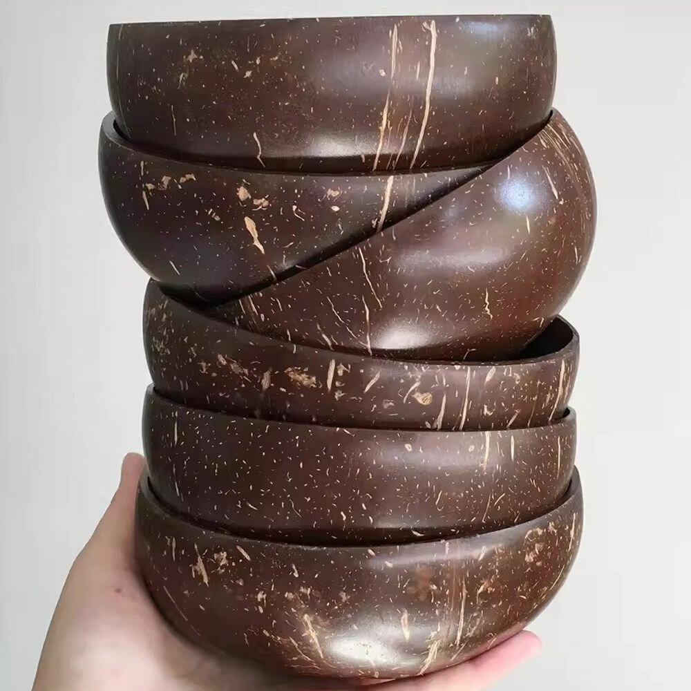 1шт полированная натуральная кокосовая миска с черной деревянной ложкой