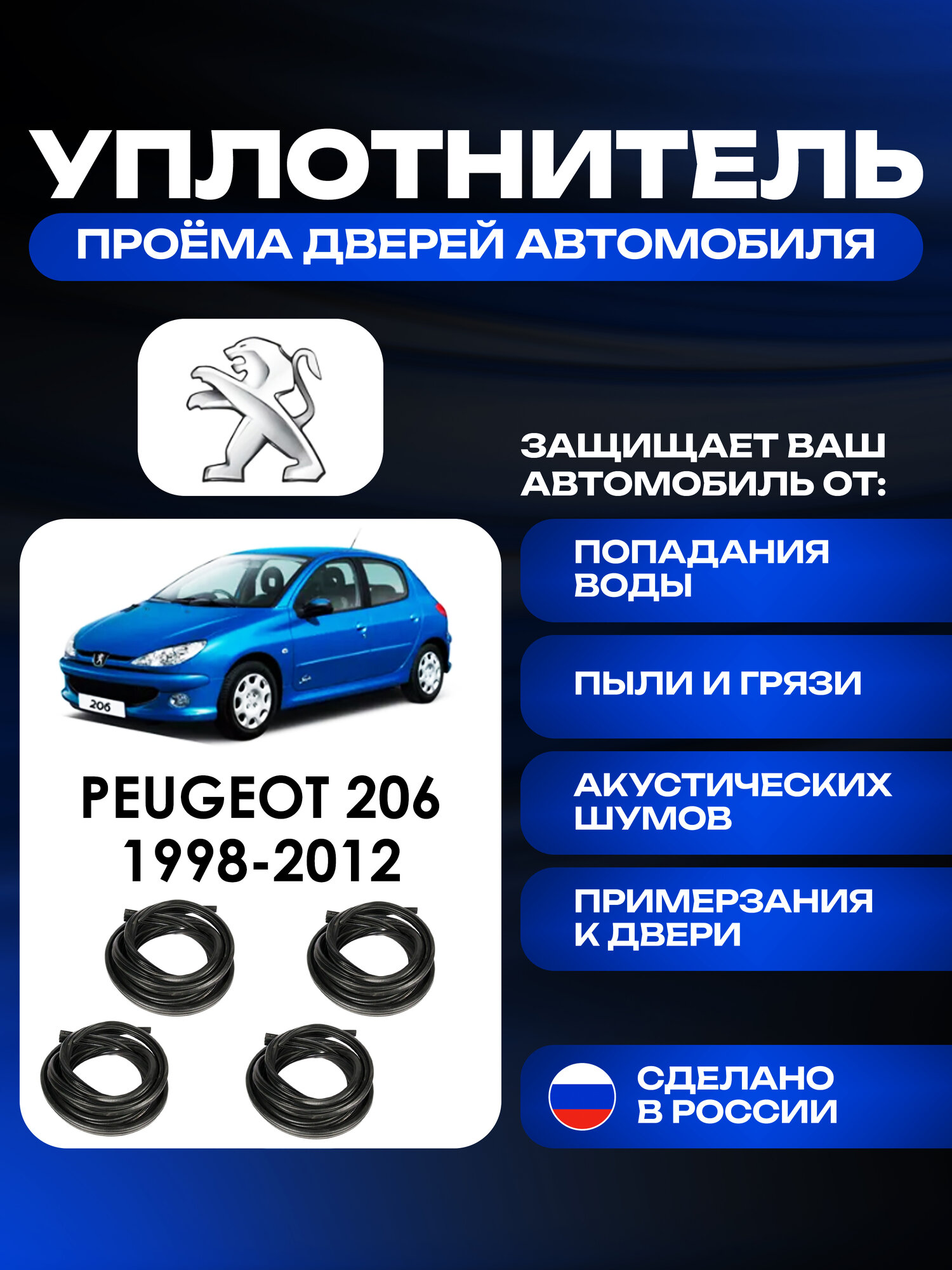 Уплотнитель (резинка) проёма передней и задней двери (4 ШТ.) Peugeot 206 (1998-2012) / Пежо 206