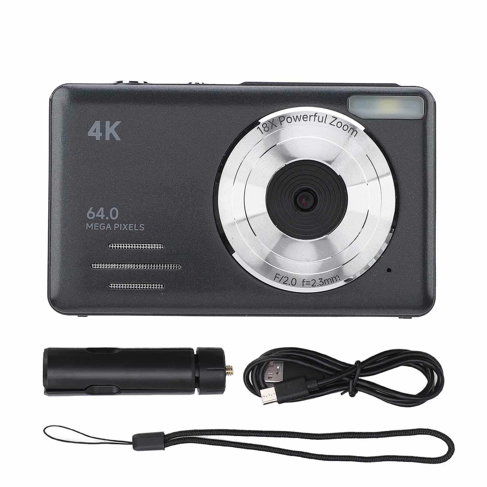 Цифровая камера 4K 64MP с 18-кратным цифровым зумом, автофокусом, компактной маленькой камерой, несколькими фильтрами, циклической записью, замедленной съемкой в режиме покадровой съемки, черная