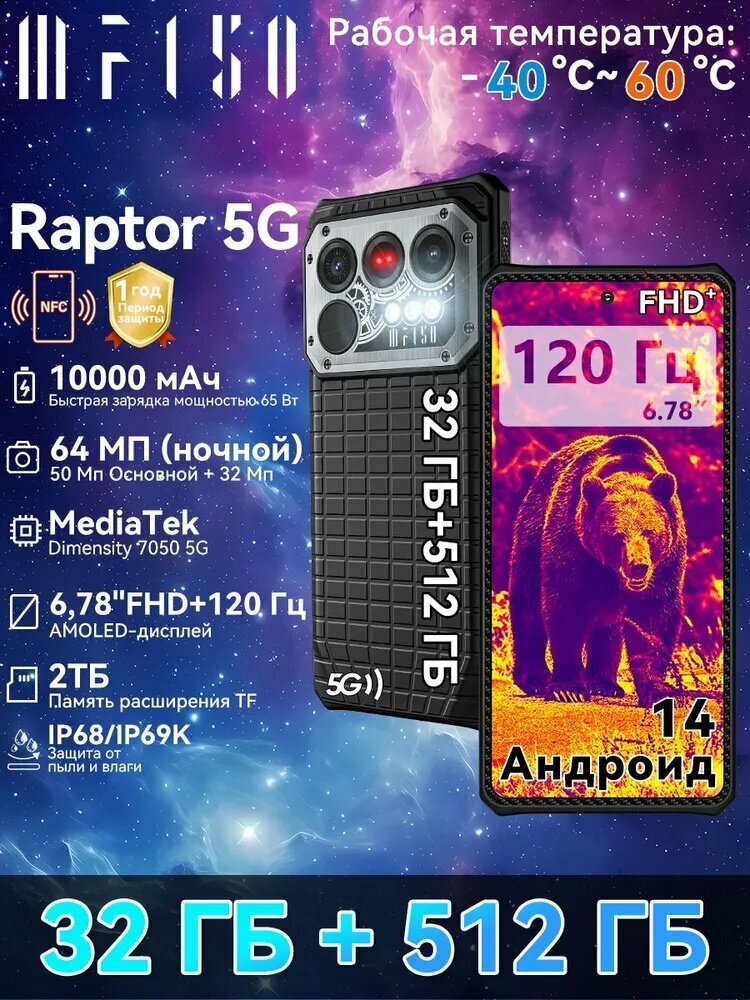 IIIF150 Смартфон IIIF150 Смартфон 5G Raptor 32 ГБ (16+16) 512 ГБ Global 16/512 ГБ, черный матовый
