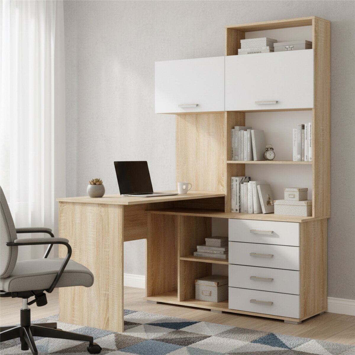 Стол компьютерный письменный угловой Памир ПКС-11 левый, с полкой надстройкой и выдвижными ящиками, белый/дуб сонома
