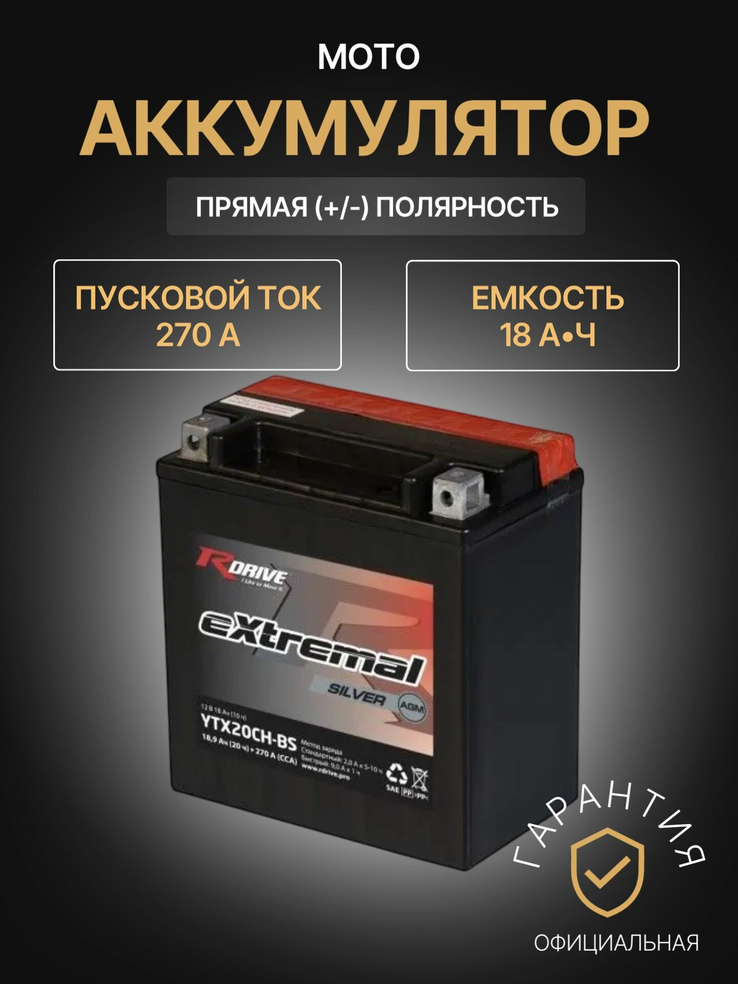 Аккумулятор для мототехники RDrive Silver YTX20CH-BS 12В 18Ач 270А, Прямая полярность