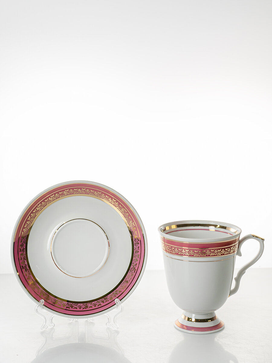 Бокал с блюдцем фарфоровый ф. Классическая "Коралловый", 600мл.