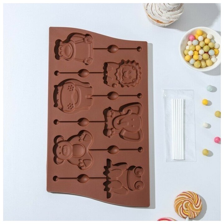 Форма для леденцов Доляна Звери , силикон, 27,5 16,5 см, 6 ячеек (6,4 6,4), с палочками, цвет