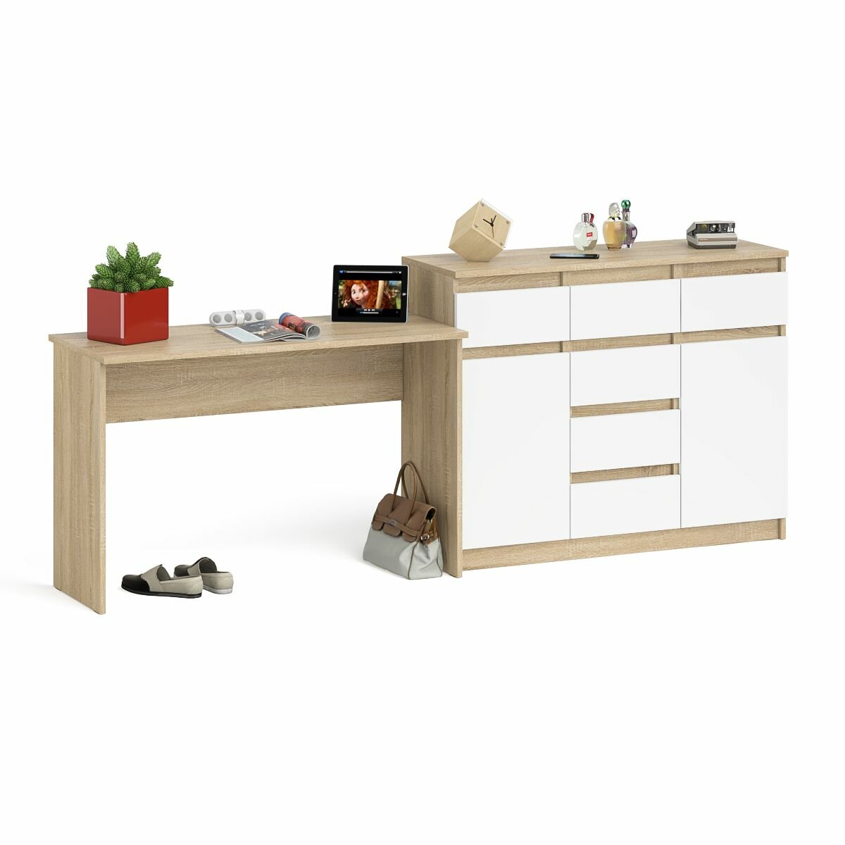 Письменный стол СВК Мори МСП1200.1 с комодом-тумбой цвет дуб сонома/белый, 240,8х50х94 см.