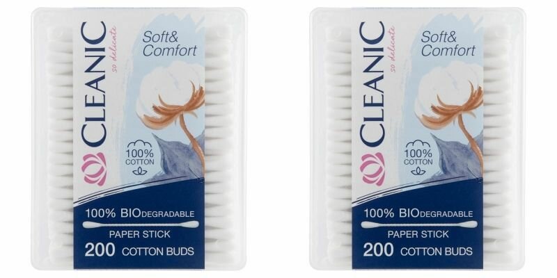 Cleanic Ватные палочки гигиенические Soft&Comfort в прямоугольной коробке, 200 шт, 2шт