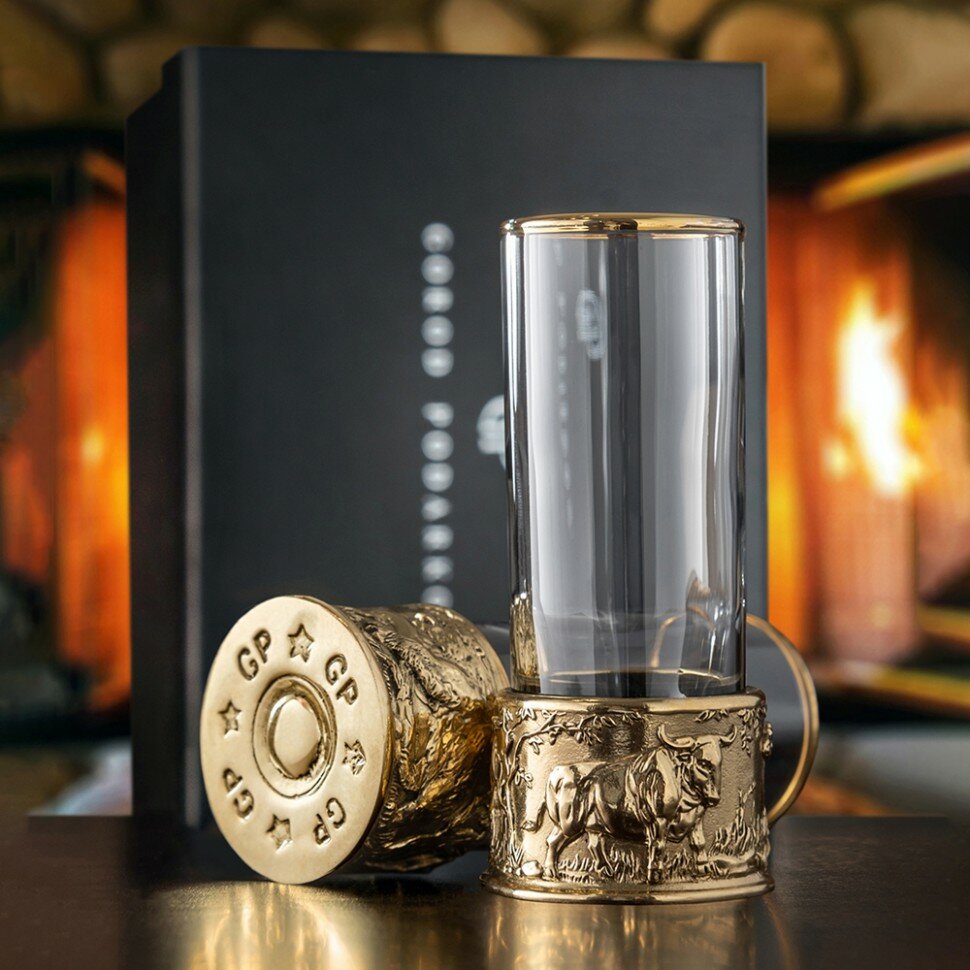 Набор из двух стопок "Патроны. Буйвол и медведь" из стекла и латуни (60 мл)