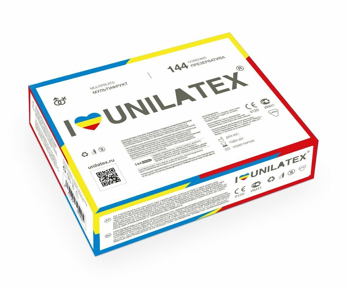 Презервативы Unilatex Multifruits, аромат клубники/банана, цветной латекс, 144 шт
