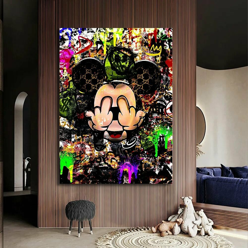 Картина на холсте для интерьера, Микки Маус, Деньги, Мотивация, 60х80 см.