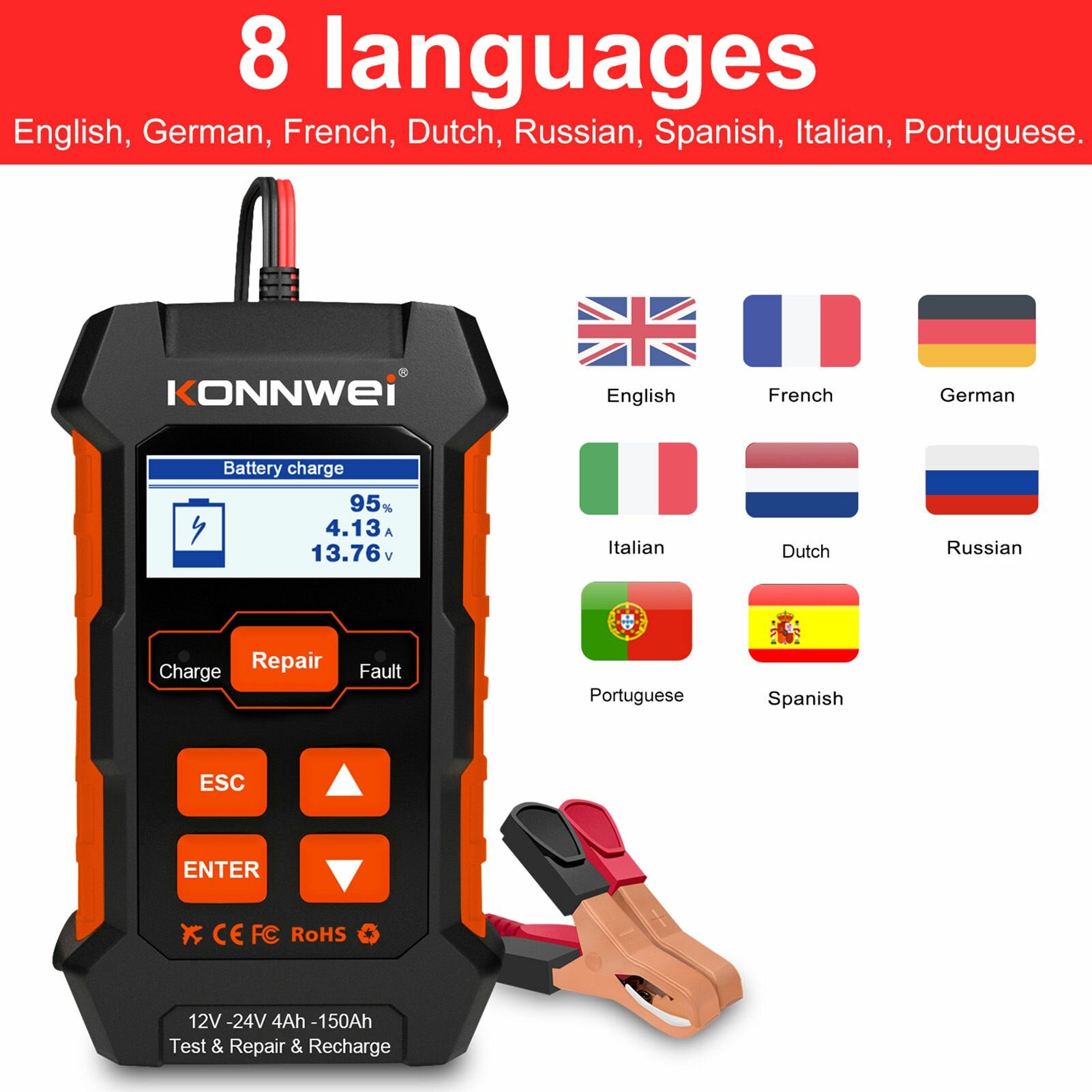 Тестер аккумуляторных батарей Konnwei KW520, 12/24 V, цифровой