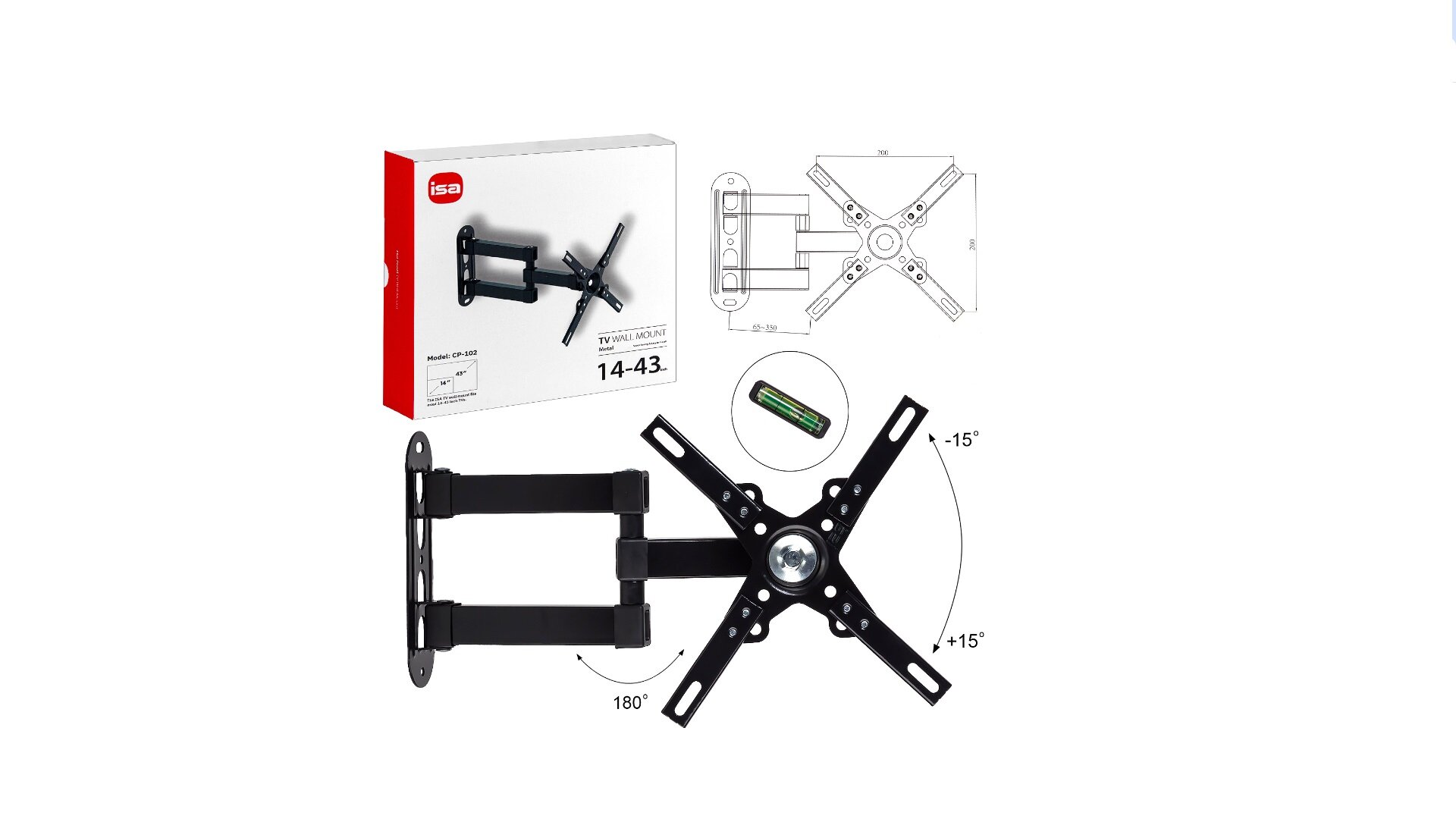Поворотный держатель/кронштейн для телевизора 14"-43", ISA Mall Mount CP102, Настенный, Черный