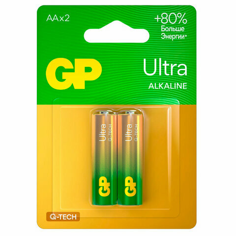 7 шт. Батарейки комплект 2 шт, GP Ultra G-Tech, AA (LR6,15А), алкалиновые, пальчиковые, 15AUA21-2CRSBC2