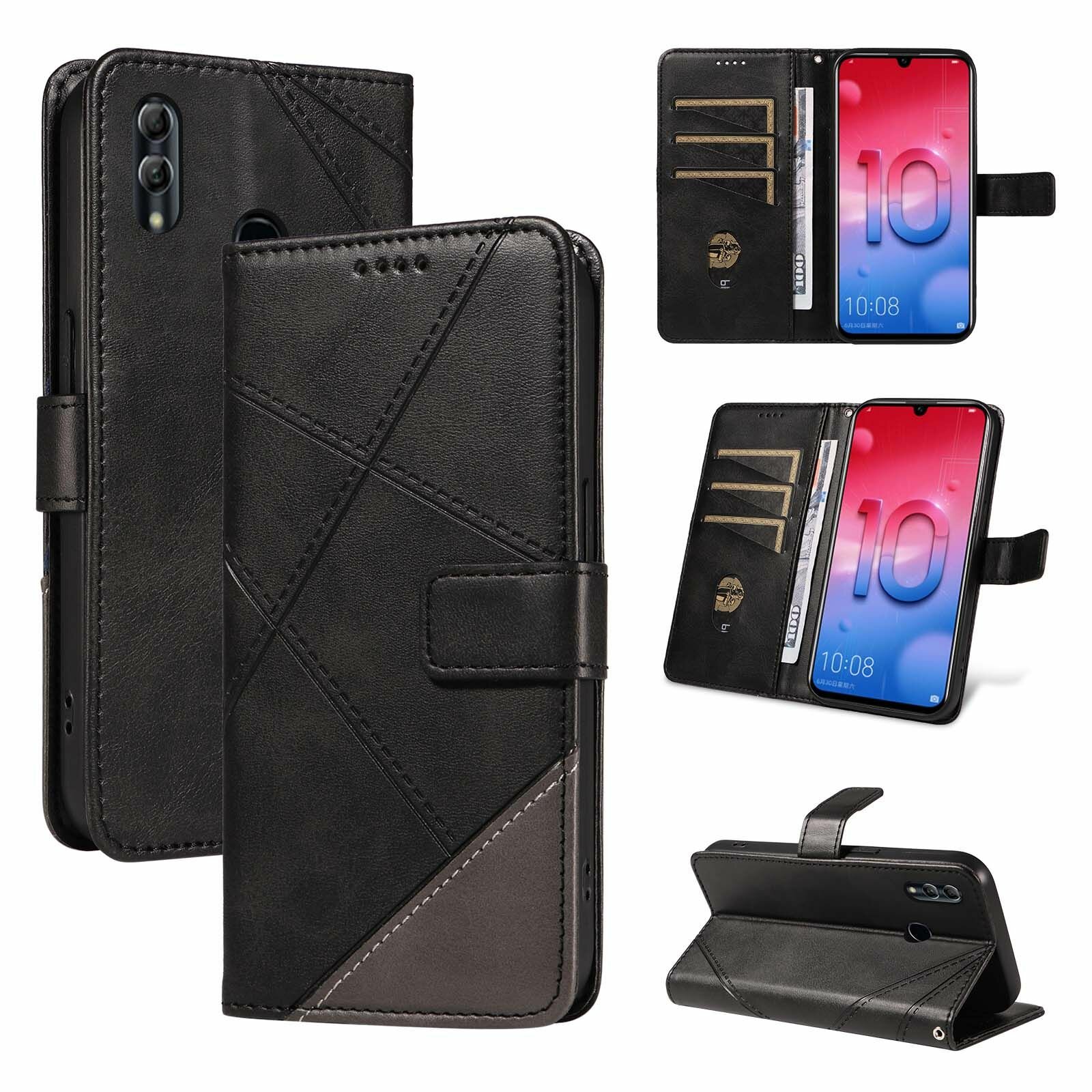 YIKATU Чехол книжка для Honor 10 Lite и Huawei P Smart 2019 / Хонор 10 Лайт и Хуавей Р Смарт 2019 кожаный черный с магнитной застежкой, flip чехол с функцией подставки, С вытяжным шнуром