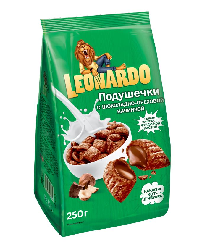 Сухой завтрак подушечки Leonardo пшеничные с шоколадно-ореховой начинкой 250 г