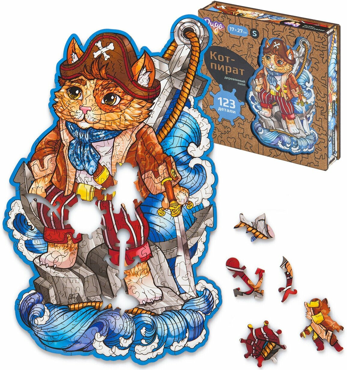 Деревянные пазлы для взрослых и для детей Rugo Кот Пират 17х27 см, 123 детали в виде животных и растений