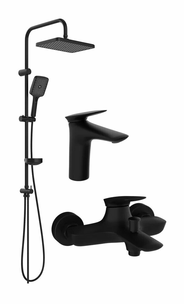 Комплект для ванной Смеситель STWORKI Молде S23010BK, черный / Стойка Вестерос S26180BK, матовая черная / Смеситель S23100BK, матовый черный